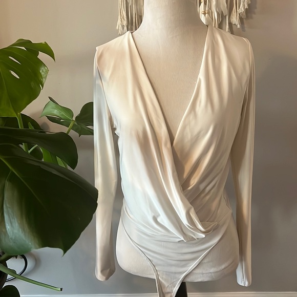 Tops | Galleria White Plunge Blouse Bodysuit | Poshmark